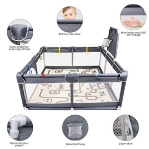 Baby Playpen with Basketball Large Playpen with Mat Playard for Babies Toddlers and Kids Play Pen Indoor & Outdoor Activity 63x63 Inches Extra Baby Play Pen with 100 PCS Ocean Balls