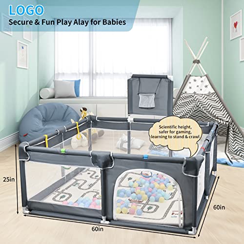 Baby Playpen with Basketball Large Playpen with Mat Playard for Babies Toddlers and Kids Play Pen Indoor & Outdoor Activity 63x63 Inches Extra Baby Play Pen with 100 PCS Ocean Balls