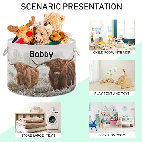 KLL Custom Large Capacity Toys Storage Bin with Cotton Rope Handle Personalized Name Clothes Storage Baskets Laundry Hamper Holiday Ornament Storage Organizer Scottish Highland Cow