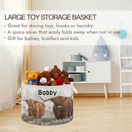 KLL Custom Large Capacity Toys Storage Bin with Cotton Rope Handle Personalized Name Clothes Storage Baskets Laundry Hamper Holiday Ornament Storage Organizer Scottish Highland Cow