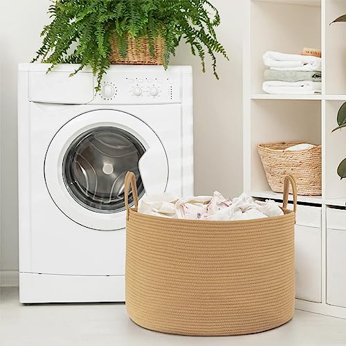 Storage Basket XXXLarge Cotton Rope Blanket Basket 22" x 22" x 14" Baby Laundry Basket with Handle, Woven Toy Basket Big Basket Soft Nursery Cube Bin, Durable Hamper for Living Room Brown