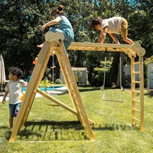 avenlur chestnut 7-in-1 indoor and outdoor foldable jungle gym playset for kids aged 2-6yrs with slide, rock climb wall, climbing ladder, rope net, monkey bars, swing, and ninja ring - usa company