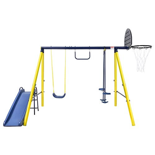 5 in 1 Outdoor Toddler Swing Set for Backyard, Playground Swing Sets with Steel Frame, Swing n' Slide Playset for Kids with Seesaw Swing, Basketball Hoop