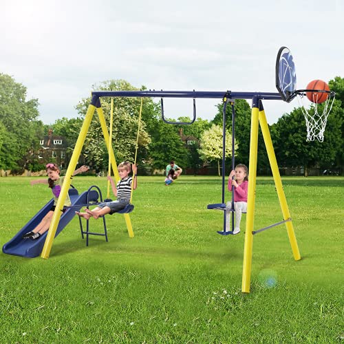 5 in 1 Outdoor Toddler Swing Set for Backyard, Playground Swing Sets with Steel Frame, Swing n' Slide Playset for Kids with Seesaw Swing, Basketball Hoop