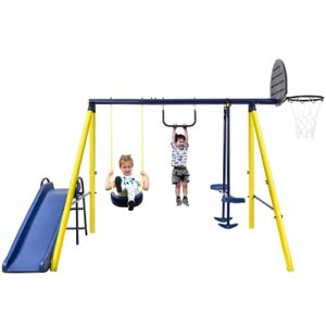 5 in 1 Outdoor Toddler Swing Set for Backyard, Playground Swing Sets with Steel Frame, Swing n' Slide Playset for Kids with Seesaw Swing, Basketball Hoop