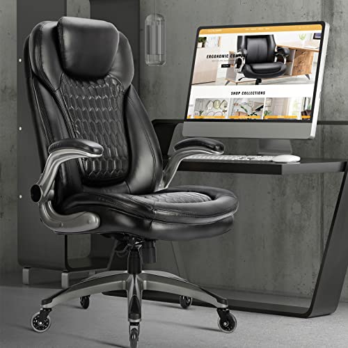 COLAMY Office Chair-Ergonomic Computer Desk Chair with Thick Seat for Comfort, High Back Executive Chair with Padded Flip-up Arms, Stylish Leather Chair with Upgraded Caster for Swivel (Black, 300lbs)