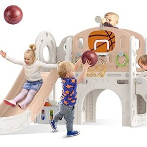 BIERUM 9 in 1 Toddler Slide, Kid Slide for Toddlers Age 1-3 with Ring Toss, Basketball Hoop, and Telescope, Indoor Outdoor Slide Toddler Playset Toddler Playground