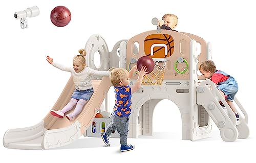 BIERUM 9 in 1 Toddler Slide, Kid Slide for Toddlers Age 1-3 with Ring Toss, Basketball Hoop, and Telescope, Indoor Outdoor Slide Toddler Playset Toddler Playground