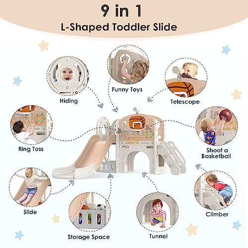 BIERUM 9 in 1 Toddler Slide, Kid Slide for Toddlers Age 1-3 with Ring Toss, Basketball Hoop, and Telescope, Indoor Outdoor Slide Toddler Playset Toddler Playground