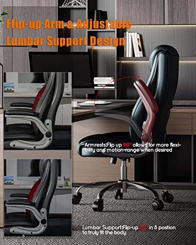 Homy Grigio High Back Ergonomic Office Chair with Adjustable Lumbar Support, Ergonomic Home Office Desk Chair with Wheels PU Leather Computer Chair Executive Office Chair with Flip-Up Arms(Black)