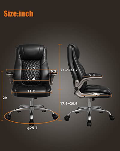 Homy Grigio High Back Ergonomic Office Chair with Adjustable Lumbar Support, Ergonomic Home Office Desk Chair with Wheels PU Leather Computer Chair Executive Office Chair with Flip-Up Arms(Black)