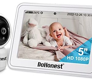 DoHonest Baby Monitor with Camera and Audio - HD 1080P 5" Color Screen Wireless Infant Video Camera Remote Pan No WiFi Night Vision 2-Way Talk Temperature 1000ft Range Ideal for Gifts