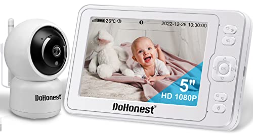 DoHonest Baby Monitor with Camera and Audio - HD 1080P 5" Color Screen Wireless Infant Video Camera Remote Pan No WiFi Night Vision 2-Way Talk Temperature 1000ft Range Ideal for Gifts