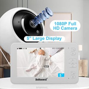 DoHonest Baby Monitor with Camera and Audio - HD 1080P 5" Color Screen Wireless Infant Video Camera Remote Pan No WiFi Night Vision 2-Way Talk Temperature 1000ft Range Ideal for Gifts