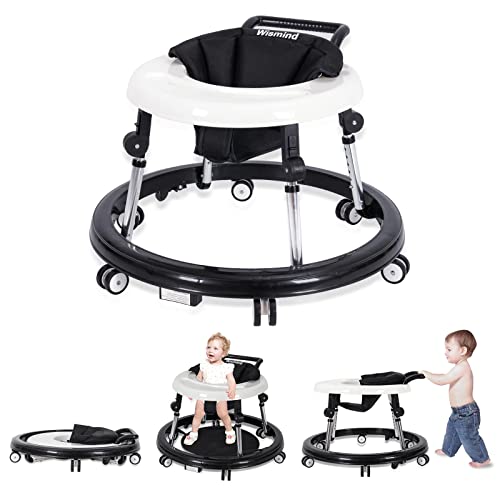 Wismind Baby Walker Foldable with 9 Adjustable Heights, Baby Walkers and Activity Center for Boys Girls Babies 6-12 Months, Baby Walker and Bouncer Combo with Wheels Portable Anti-Rollover