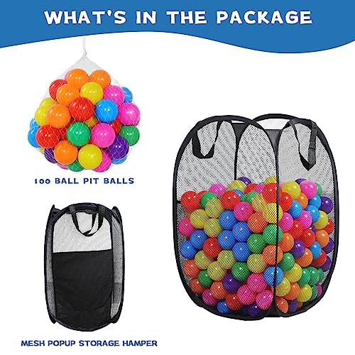 GeerWest Ball Pit Balls for Toddlers - Plastic Balls for Kids Ball Pit - Ball Pit Balls 100 with Mesh Popup Hamper for Storage - Ideal for Birthday Party Playground Pool Indoor Outdoor Games