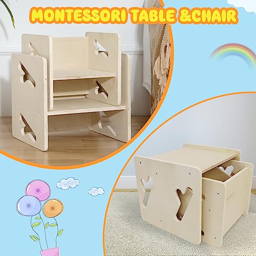 bbgroundgrm 3 Sets Toddler Table and Chair Set Solid Wooded Weaning Table and Chair Set Kids Montessori Furniture