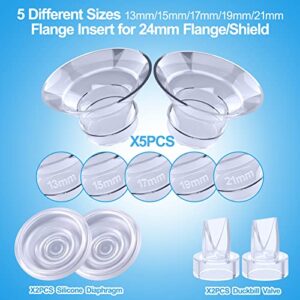 Juome Flange Inserts 13/15/17/19/21mm Compatible with Momcozy Wearable Breast Pump S12 Pro/S9 Pro/S12/S9, for TSRETE/Spectra/Medela 24mm Shields/Flanges, Include Silicone Diaphragm&Duckbill Valve