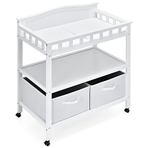 INFANS Baby Changing Table, Wood Diaper Dresser Station with Pad 2 Storage Drawers Baskets Shelves 4 Lockable Wheels and Safety Belt, Nursery Organizer Stand for Newborn Infant