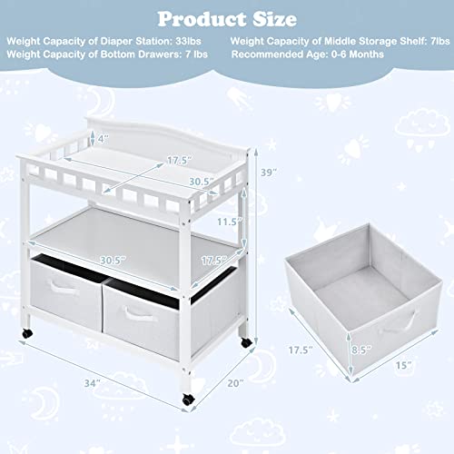 INFANS Baby Changing Table, Wood Diaper Dresser Station with Pad 2 Storage Drawers Baskets Shelves 4 Lockable Wheels and Safety Belt, Nursery Organizer Stand for Newborn Infant