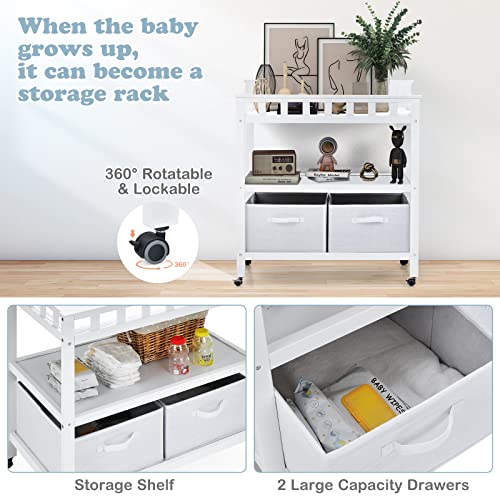 INFANS Baby Changing Table, Wood Diaper Dresser Station with Pad 2 Storage Drawers Baskets Shelves 4 Lockable Wheels and Safety Belt, Nursery Organizer Stand for Newborn Infant