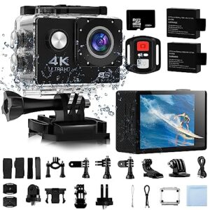 hidectee action camera 4k 30fps sports camera, 170° wide-angle 30m waterproof underwater camera with 2.4g remote control, built-in wifi, 2 batteries, 32g sd card and helmet mount accessories kits