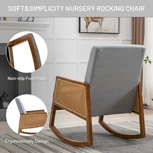 NIOIIKIT Nursery Rocking Chair with Wood Frames, Mid Century Upholstered Farmhouse Living Room Armchair, Comfy Glider Rocker for Nursery Living Room Bedroom Reading Indoor (Light Grey)