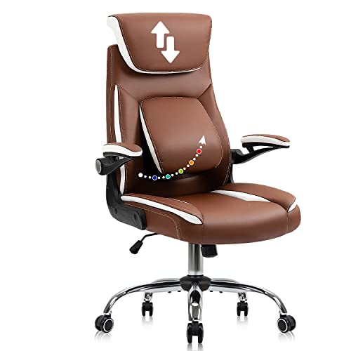 YAMASORO High Back Executive Ergonomic Office Chair with Lumbar Support Leather Desk Chairs with FILP-up Arms and Wheels, Camel