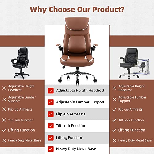 YAMASORO High Back Executive Ergonomic Office Chair with Lumbar Support Leather Desk Chairs with FILP-up Arms and Wheels, Camel