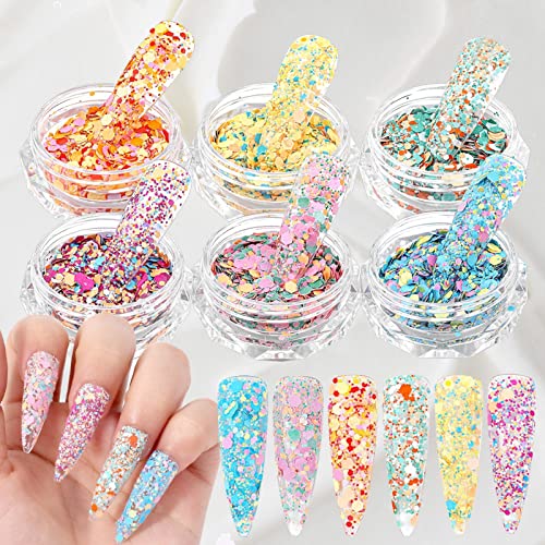 Dip Powe Top Base and Activator Decoration Art for Nails Body DIY Nail Manicure Irregular 6 Set Boxes Set Eyes Tips Sequins Glitter Face Nail Hair Craft Nail Powder Gel Nail Set