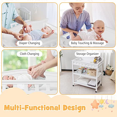 Costzon Baby Changing Table, Infant Diaper Changing Station w/Waterproof Changing Pad, Safety Strap, Storage Shelves, Mobile Nursery Organizer for Newborn, Portable Changing Table with Wheels (White)