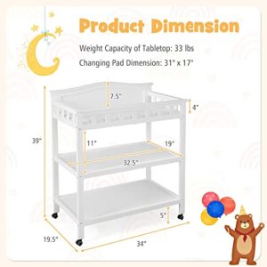 Costzon Baby Changing Table, Infant Diaper Changing Station w/Waterproof Changing Pad, Safety Strap, Storage Shelves, Mobile Nursery Organizer for Newborn, Portable Changing Table with Wheels (White)