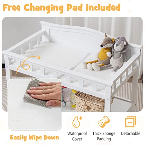 Costzon Baby Changing Table, Infant Diaper Changing Station w/Waterproof Changing Pad, Safety Strap, Storage Shelves, Mobile Nursery Organizer for Newborn, Portable Changing Table with Wheels (White)