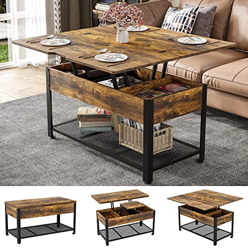 Furniouse Coffee Table Lift Top, 3 in 1 Multi-Function Coffee Table with Hidden Compartment, Coffee Table Converts to Dining Table for Living Room, Home Office, Rustic Brown