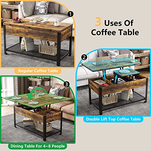 Furniouse Coffee Table Lift Top, 3 in 1 Multi-Function Coffee Table with Hidden Compartment, Coffee Table Converts to Dining Table for Living Room, Home Office, Rustic Brown