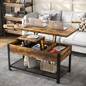 Furniouse Coffee Table Lift Top, 3 in 1 Multi-Function Coffee Table with Hidden Compartment, Coffee Table Converts to Dining Table for Living Room, Home Office, Rustic Brown