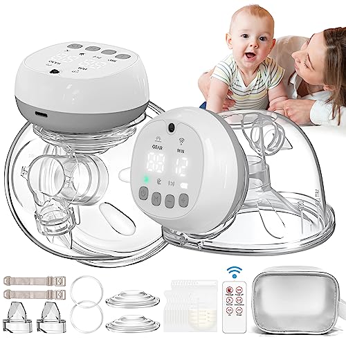 Hands Free Breast Pump Wearable Breast Pump 12 Levels 3 Modes Double Portable Electric Breast Pump w/Remote Control,140°Soft Silicone,LCD,1200mAh Battery,Low Noise Leak-Proof Painless Breastfeeding