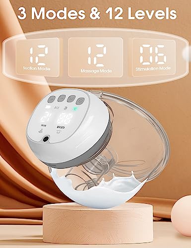 Hands Free Breast Pump Wearable Breast Pump 12 Levels 3 Modes Double Portable Electric Breast Pump w/Remote Control,140°Soft Silicone,LCD,1200mAh Battery,Low Noise Leak-Proof Painless Breastfeeding