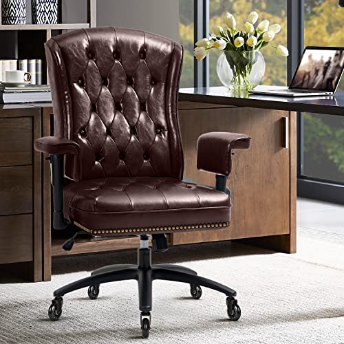 YAMASORO High Back Ergonomic Executive Office Chair with Wheels and Arms, Tufted Back & Nailhead Trim, Home Office Desk Chairs for Home & Office, Faux Leather Swivel Work Chair,Brown