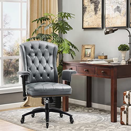 YAMASORO High Back Executive Office Chair with Rubber Wheels and Armrests,PU Leather Home Office Desk Chairs Comfortable Ergonomic Computer Chairs for Adults,Grey