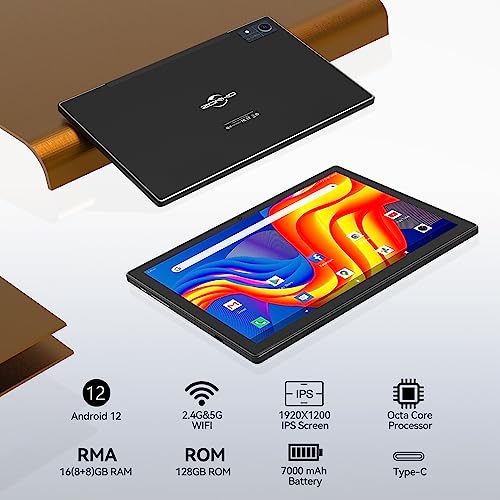 【2023 Newest Tablet】Android 12 Tablet with Keyboard, 16(8+8)GB RAM 128GB ROM 1TB Expand Tablets 10 inch, 2.4G/5G WiFi Tablet Android, Octa-Core 1920 * 1200 IPS Display 13MP Camera, 7000mAh, GPS, Black