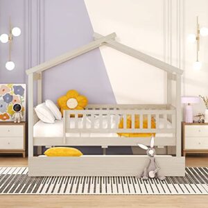 deinppa full house bed with trundle, kids bed with fence guardrails, wood bed frame, decorative roof designs, no box spring needed, for boys girls toddler kids-natural