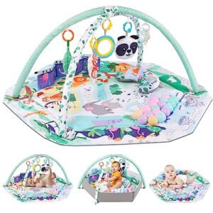 5-in-1 baby play gym mat, tummy time activity mat, with 8 detachable toys for newborn stage-based sensory and motor skill development, baby play mats for floor, ball pit, pet cushion, washable