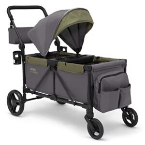 jeep sport all-terrain stroller wagon by delta children - includes canopy, parent organizer, adjustable handlebar, snack tray & cup holders, grey/olive green