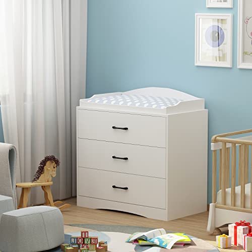 ECACAD Modern Nursery Dresser Chest with 3 Drawers & Guard Table Top, Wood Dresser Storage Chest of Drawers for Bedroom, Hallway, White (35.4”W x 19.2”D x 36.4”H)