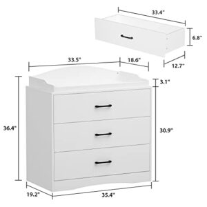 ECACAD Modern Nursery Dresser Chest with 3 Drawers & Guard Table Top, Wood Dresser Storage Chest of Drawers for Bedroom, Hallway, White (35.4”W x 19.2”D x 36.4”H)