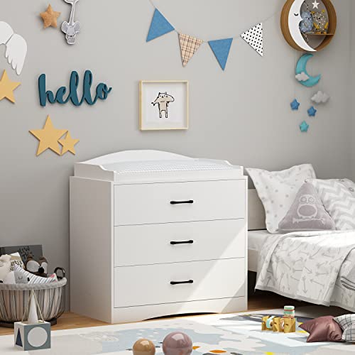 ECACAD Modern Nursery Dresser Chest with 3 Drawers & Guard Table Top, Wood Dresser Storage Chest of Drawers for Bedroom, Hallway, White (35.4”W x 19.2”D x 36.4”H)