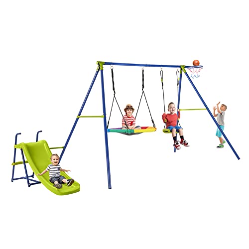 Costzon Swing Sets for Backyard, 4-in-1 Heavy Duty Large Metal Swing Frame w/2 Adjustable Swings, Slide, Basketball Hoop, Play Equipment for Indoor Outdoor Gift Kids 3-12 Years Old