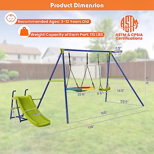 Costzon Swing Sets for Backyard, 4-in-1 Heavy Duty Large Metal Swing Frame w/2 Adjustable Swings, Slide, Basketball Hoop, Play Equipment for Indoor Outdoor Gift Kids 3-12 Years Old