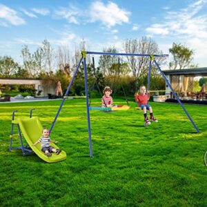 Costzon Swing Sets for Backyard, 4-in-1 Heavy Duty Large Metal Swing Frame w/2 Adjustable Swings, Slide, Basketball Hoop, Play Equipment for Indoor Outdoor Gift Kids 3-12 Years Old